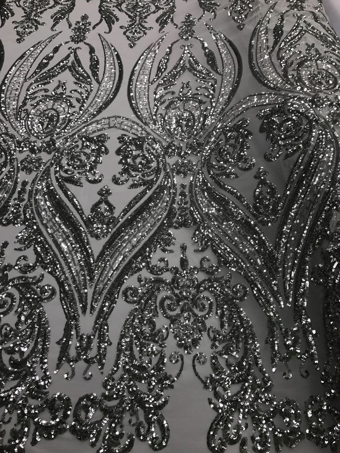 Silver Empire Design Embroider With Sequins on a 2 Way Stretch White ...