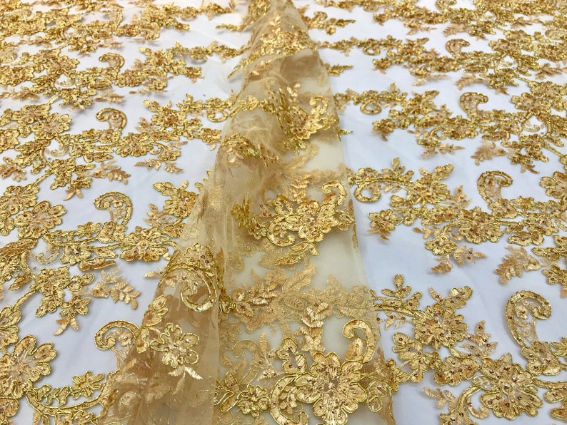 Metallic gold floral design embroidery on a mesh lace with | Etsy