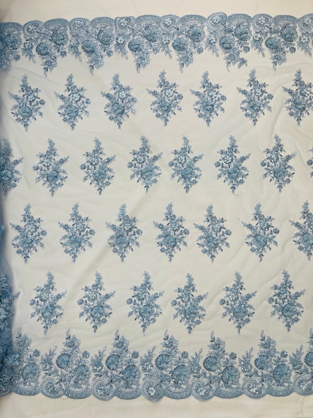 Light Blue Daisy 3d Floral Chiffon Design Embroider With Pearls in a ...