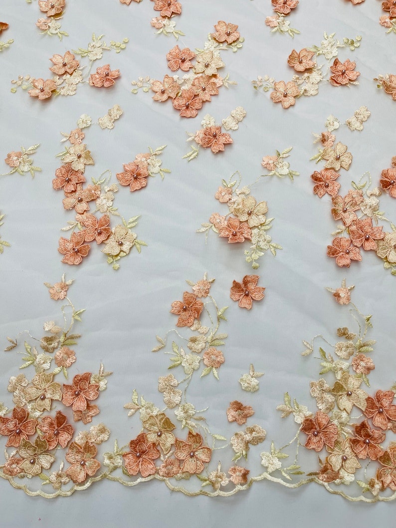 Blush Peach Multi Color 3d Floral Daisy Design Embroider Whit Pearls in ...