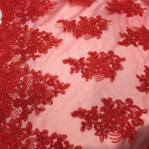 Red Flower Lace Corded and Embroider With Sequins on a Mesh. Wedding ...
