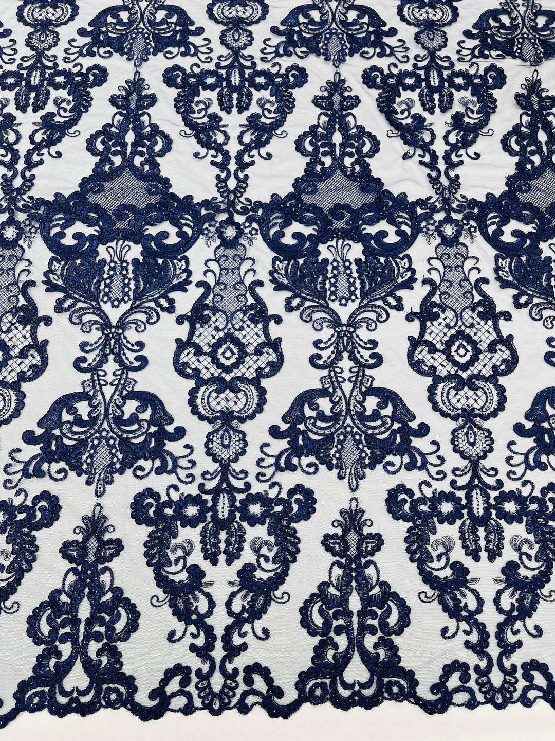 Navy Blue Embroidery Damask Design With Sequins on A Mesh Lace Fabric ...