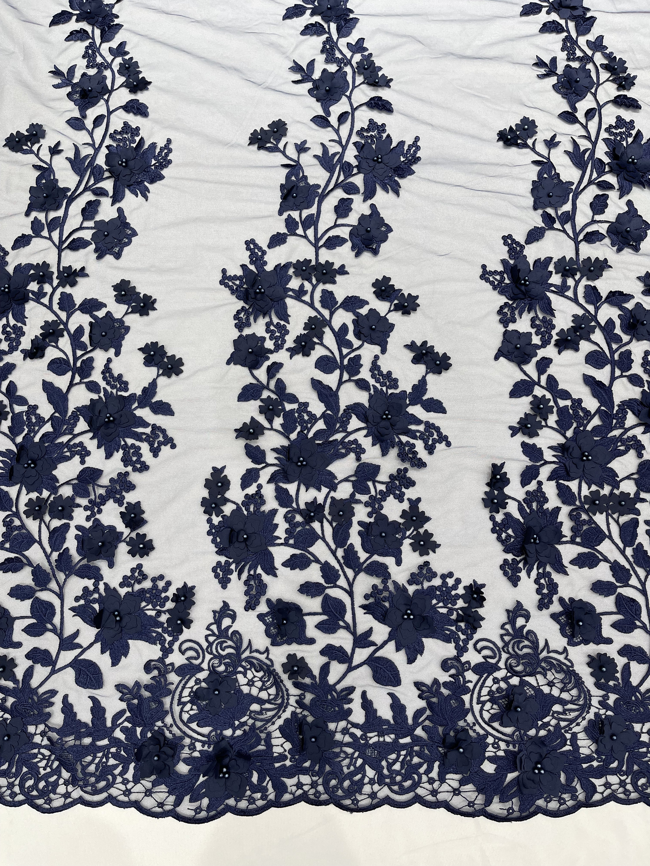 Navy Blue Emily 3d Floral Design Embroider With Pearls in a Mesh Lace ...