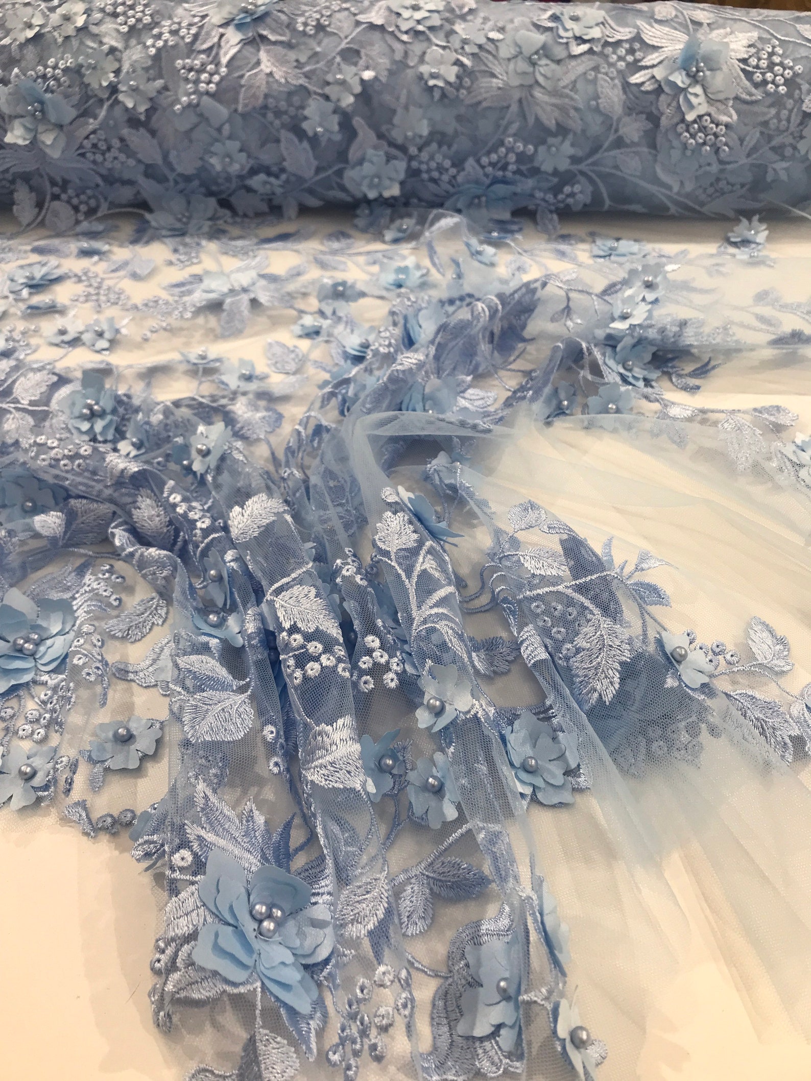 Sky Blue 3d Floral Design Embroidery With Pearls on a Mesh Lace-dresses ...