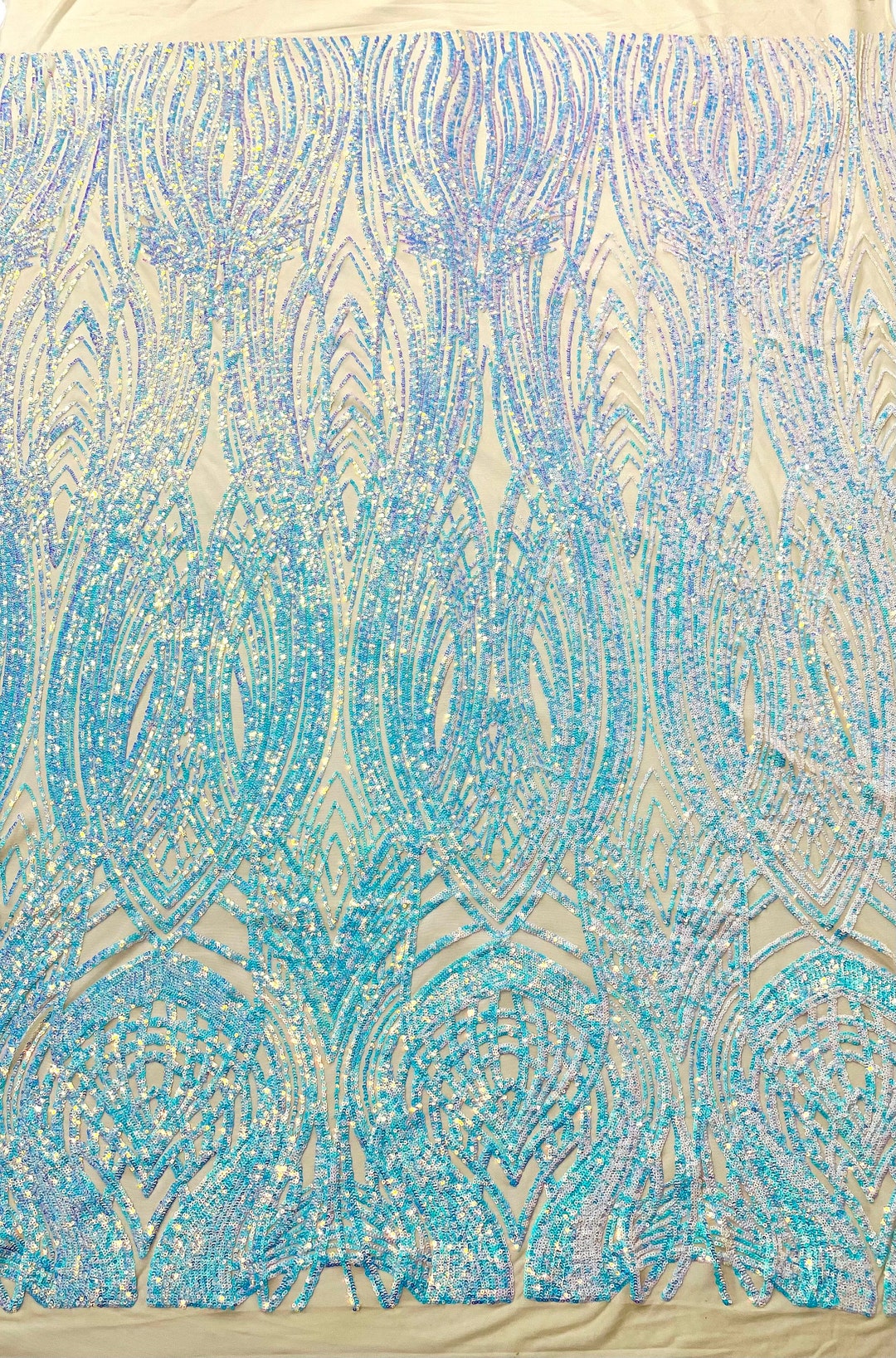 Aqua Blue Iridescent Feather Damask Sequin Design on a Nude 4 Way ...