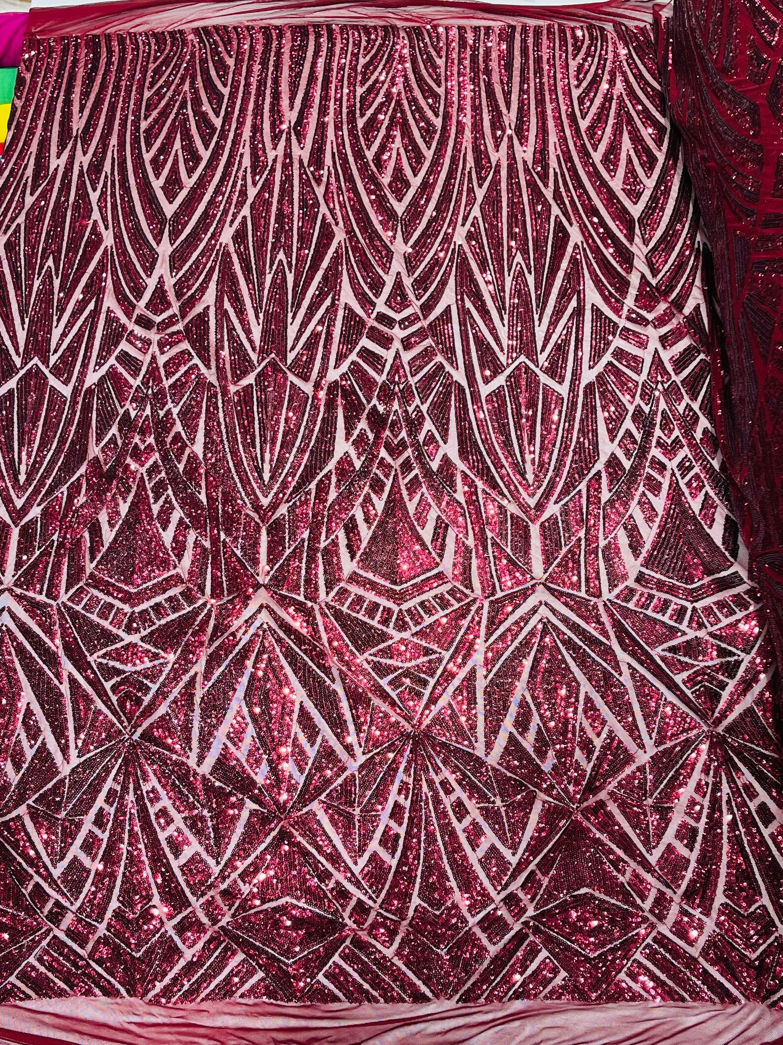 Burgundy Geometric Shiny Sequin Design on a 4 Way Stretch Mesh-sold by ...
