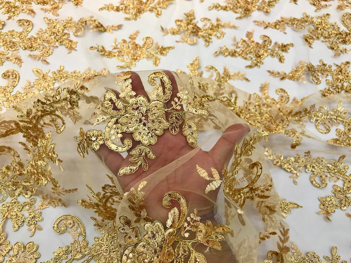 Metallic gold floral design embroidery on a mesh lace with | Etsy