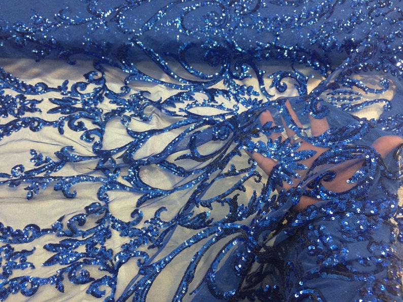Royal Blue Damask Design Embroider With Sequins on a 2 Way Stretch Mesh ...