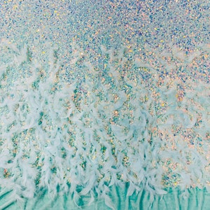 Mint Green Iridescent 5mm Sequins on a Stretch Velvet With Feathers 2 ...