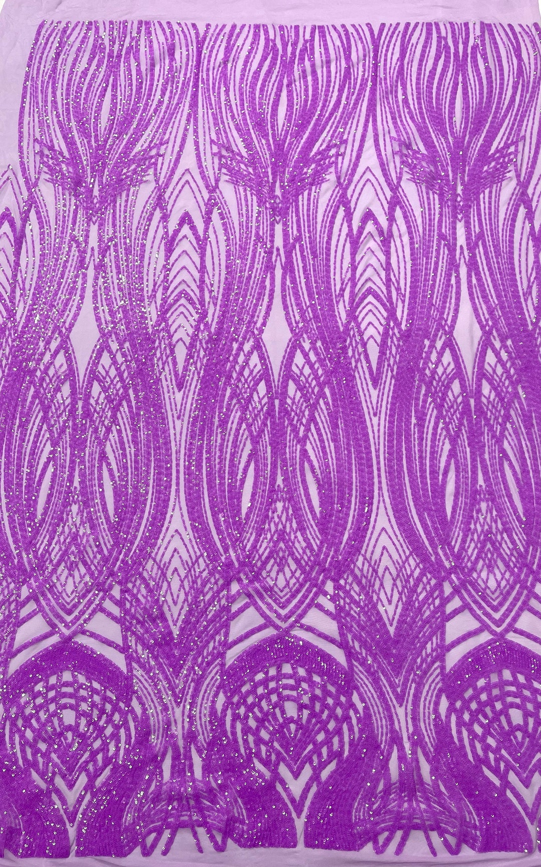 Lilac Feather Damask Glossy Sequin Design on a 4 Way Stretch Mesh-prom ...