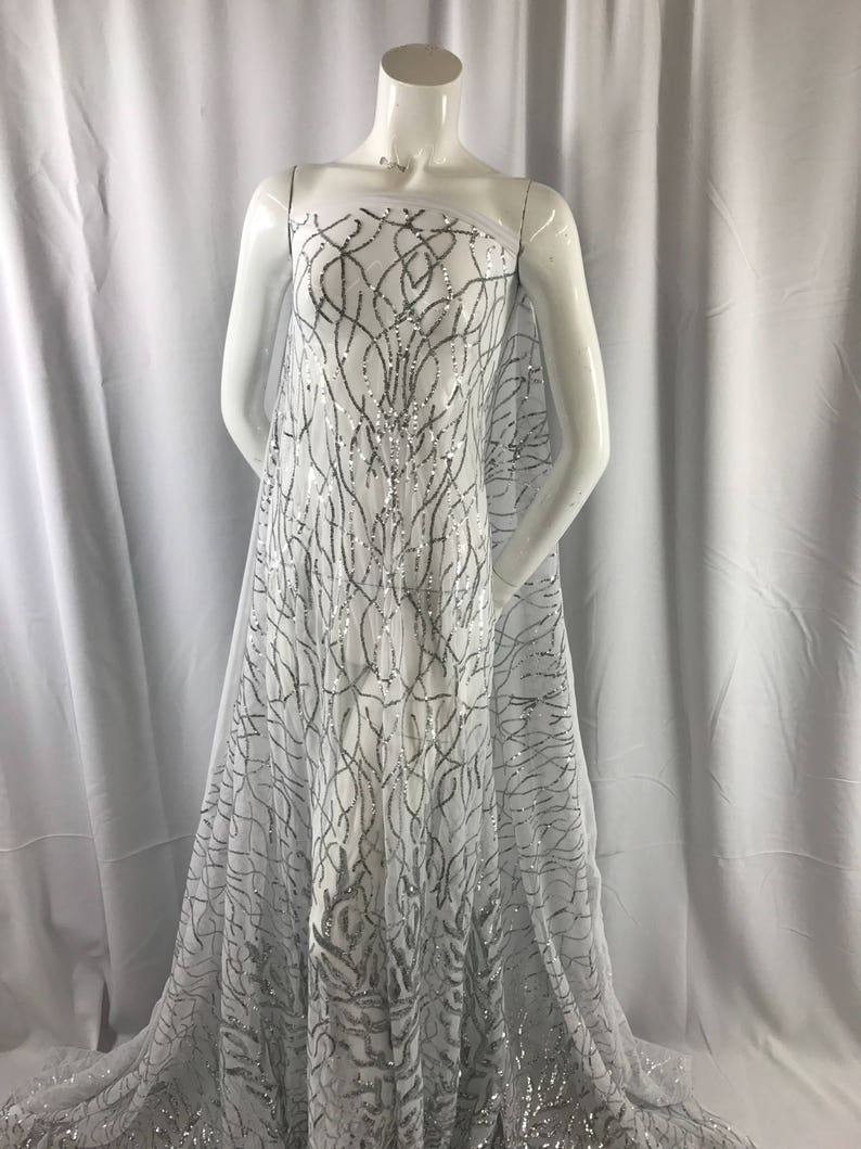 Dazzling White Silver Fashion Tree Embroider With Sequins on a Mesh ...