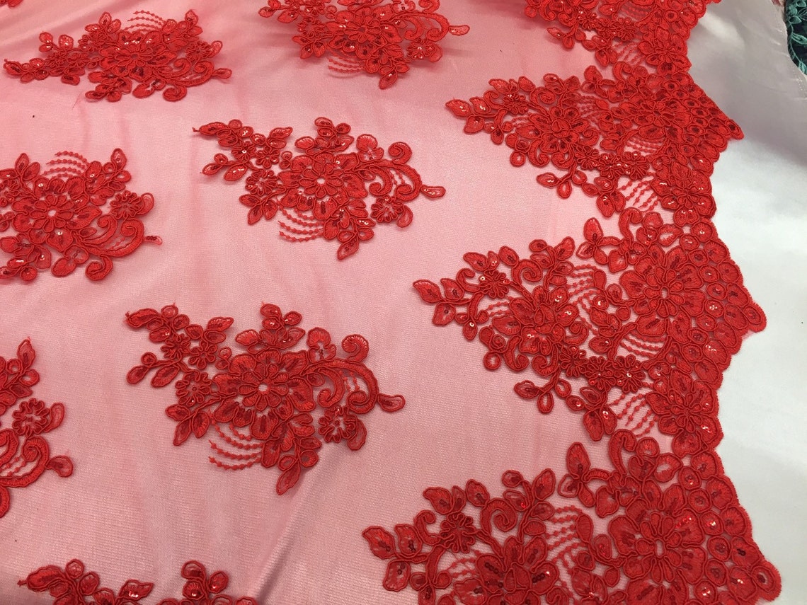 Red Flower Lace Corded and Embroider With Sequins on a Mesh. Wedding ...