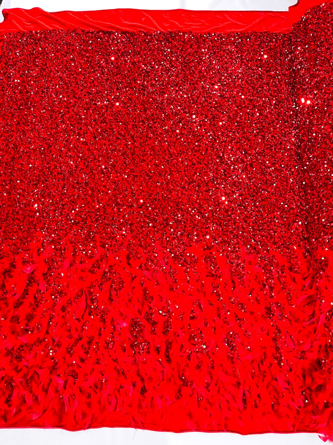 Red 5mm Sequins on a Stretch Velvet With Feathers 2-way Stretch, Sold ...