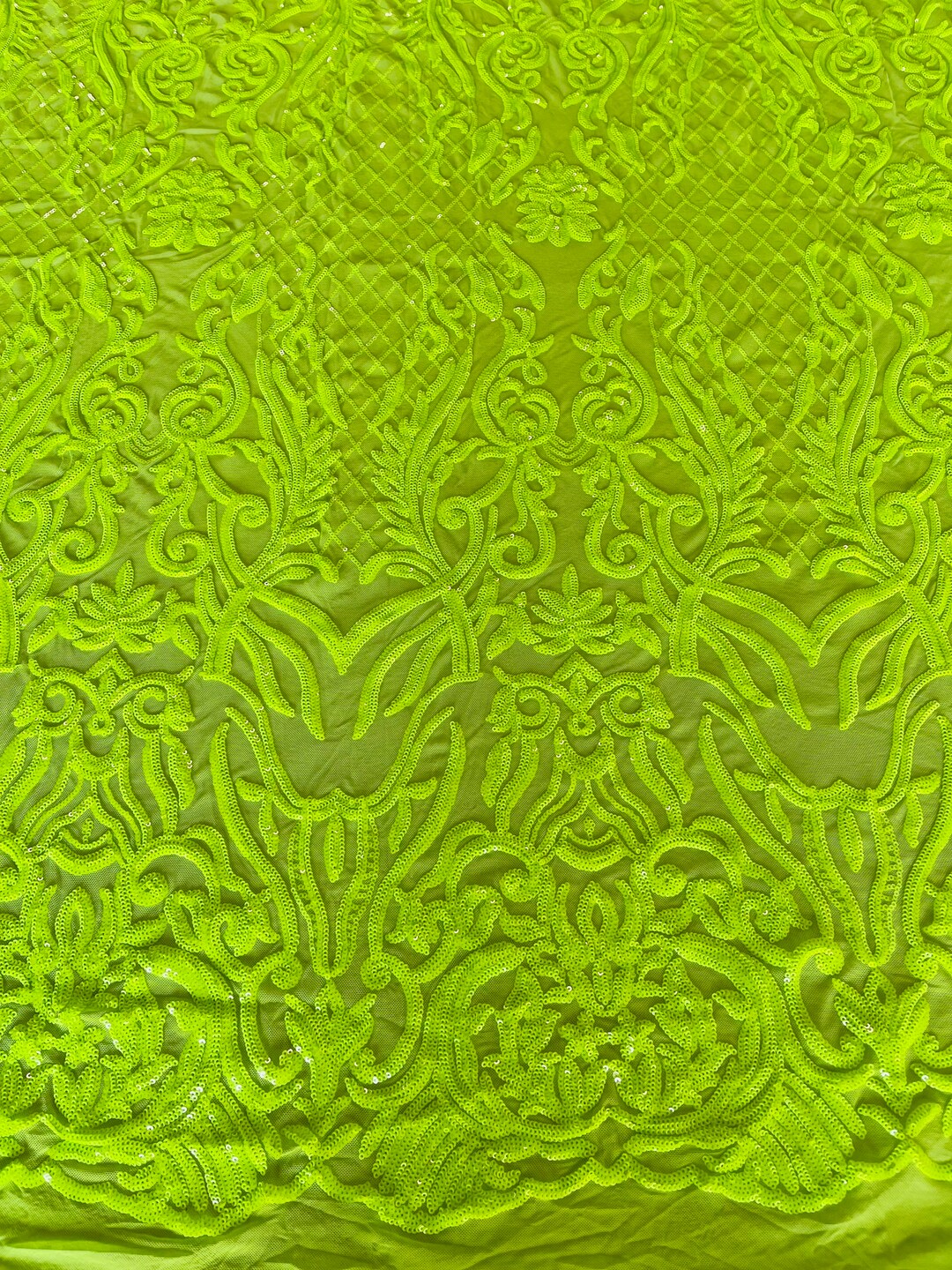 Neon Yellow Sequins Damask Design Embroidery on a 4 Way Stretch Power ...