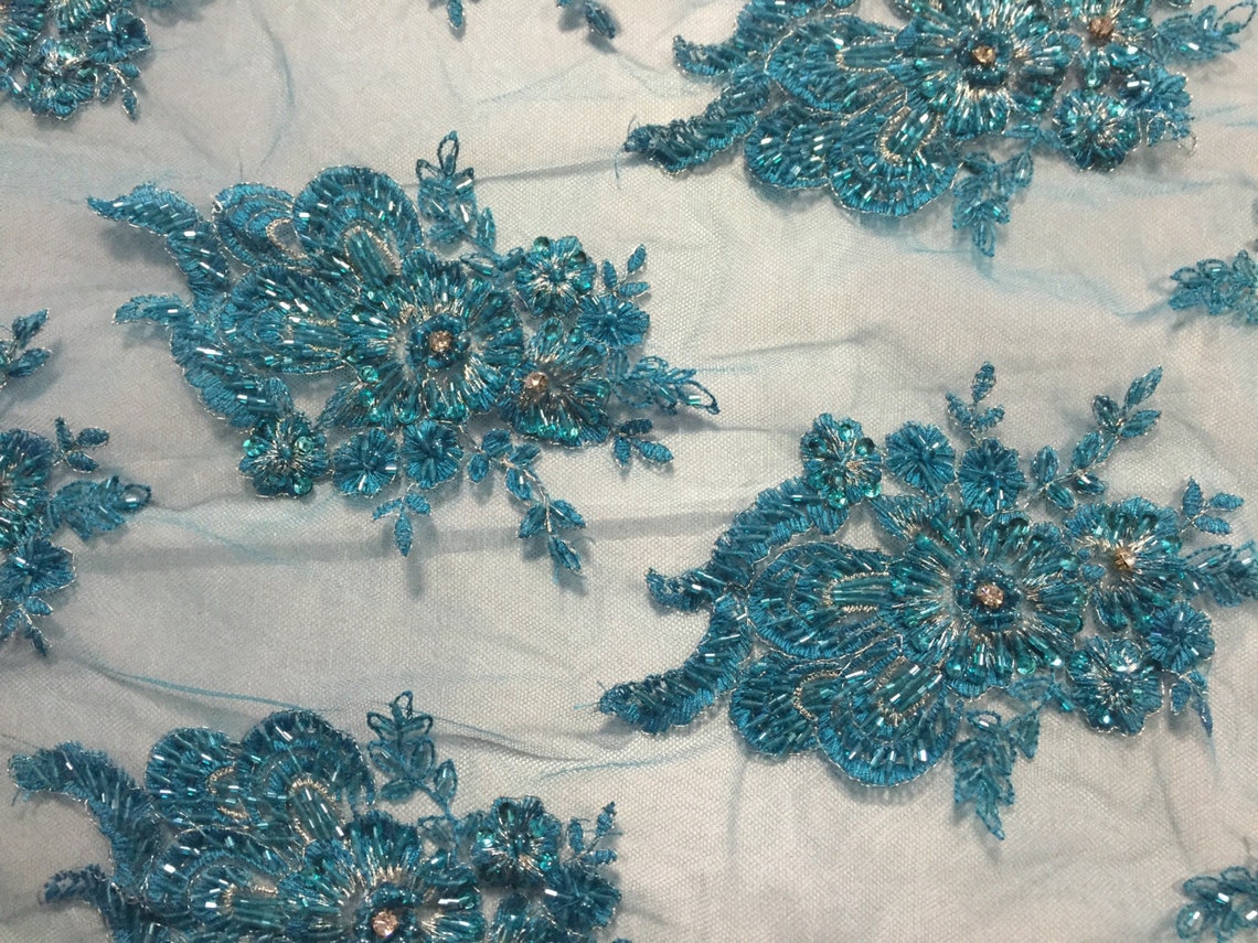 Teal Flowers Embroider and Heavy Beaded on a Mesh Lace | Etsy