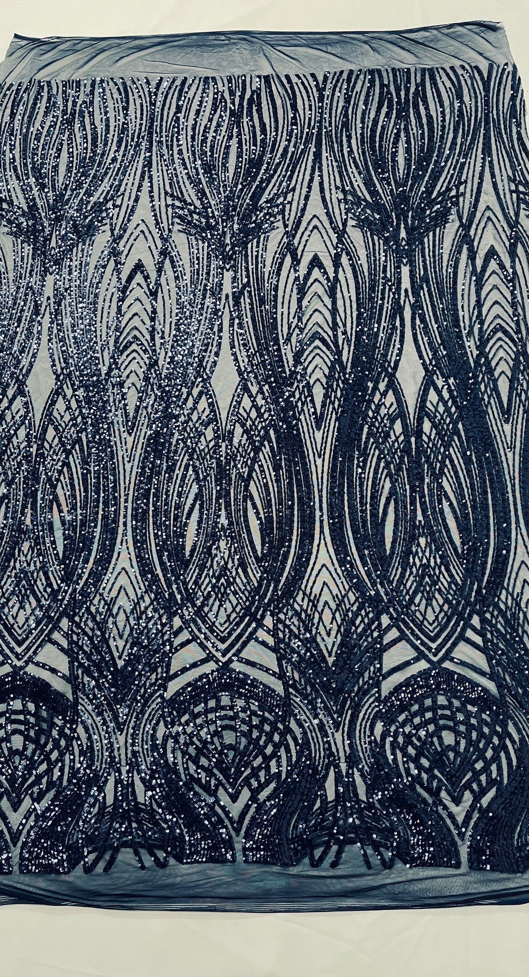 Navy Blue Feather Damask Shiny Sequin Design on a 4 Way Stretch Mesh ...