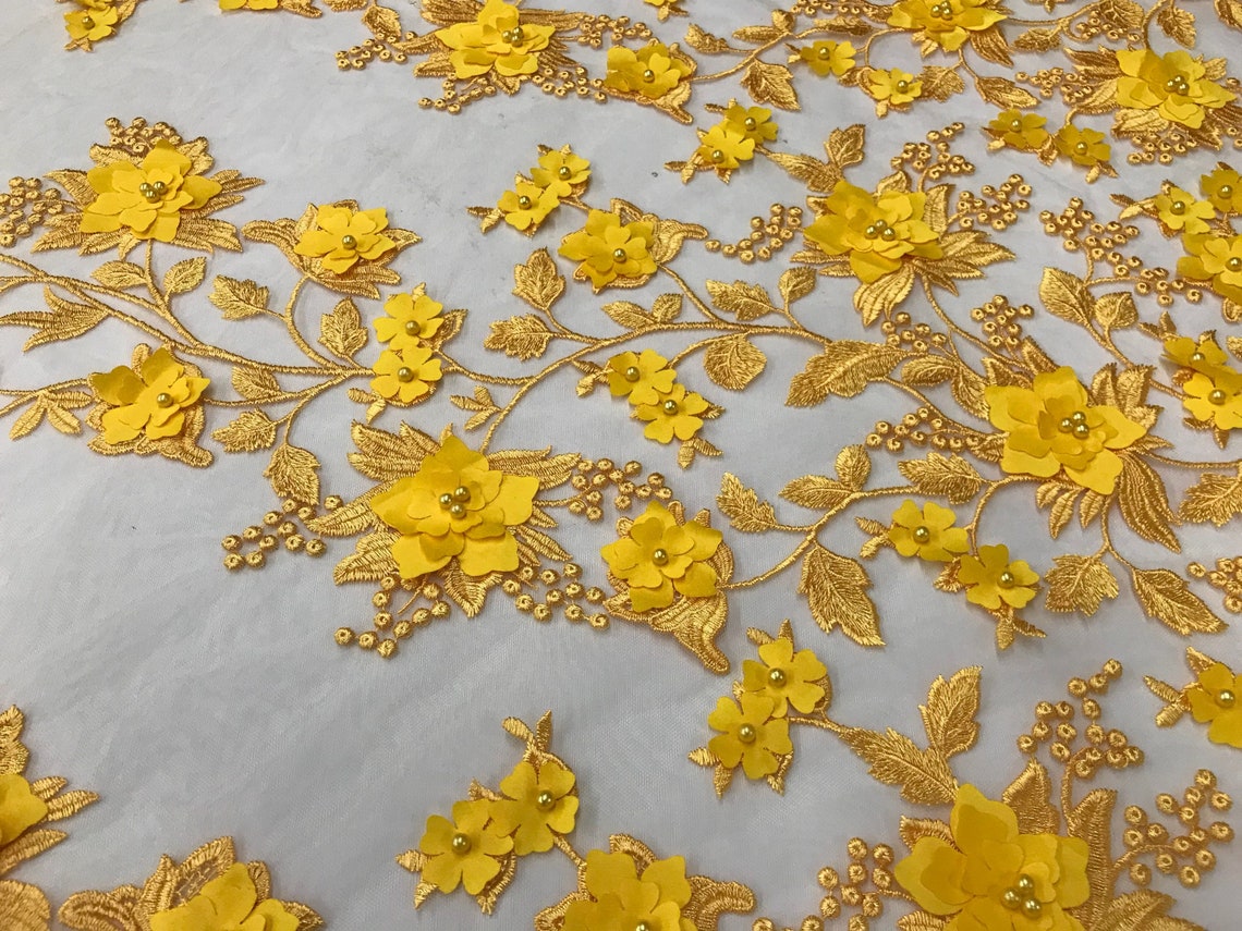 Yellow Princess 3d Floral Design Embroidery With Pearls on a | Etsy