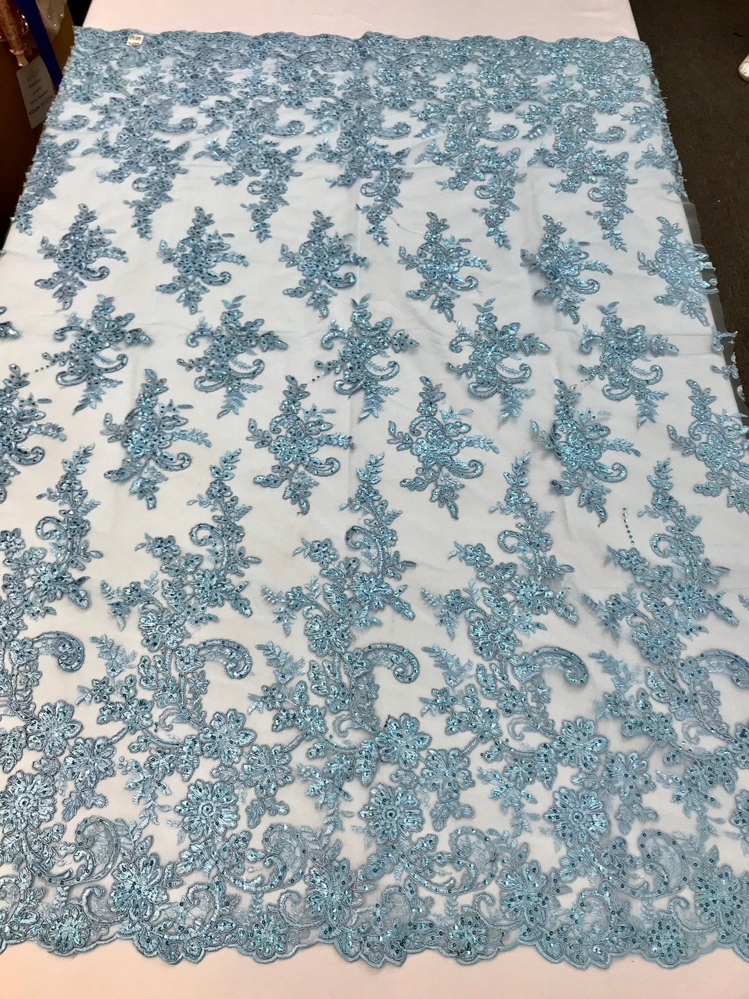 Light Blue Floral Design Embroidery on a Mesh Lace With Sequins and ...