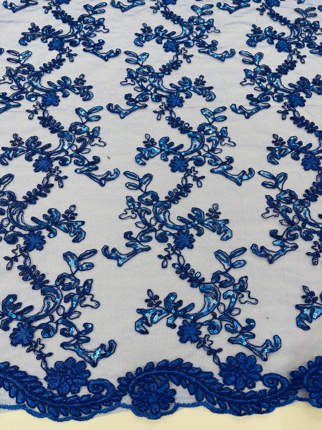 Royal Blue Flower Lace Corded and Embroider With Sequins on a Mesh-sold ...