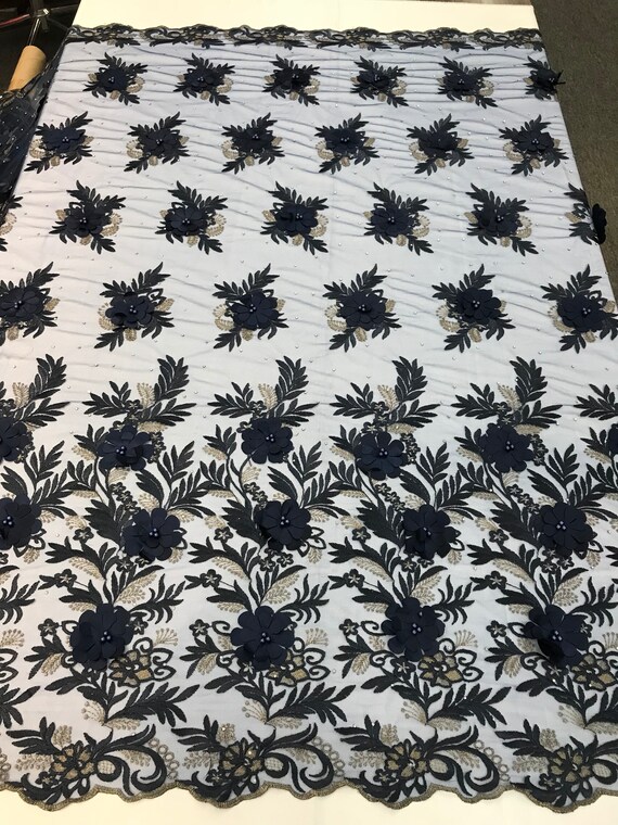 Navy Blue 3d Floral Design Embroidery With Pearls and - Etsy