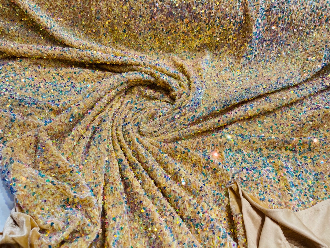 Clear Iridescent All-over 5mm Shiny Sequins Gold Stretch Velvet 54 ...