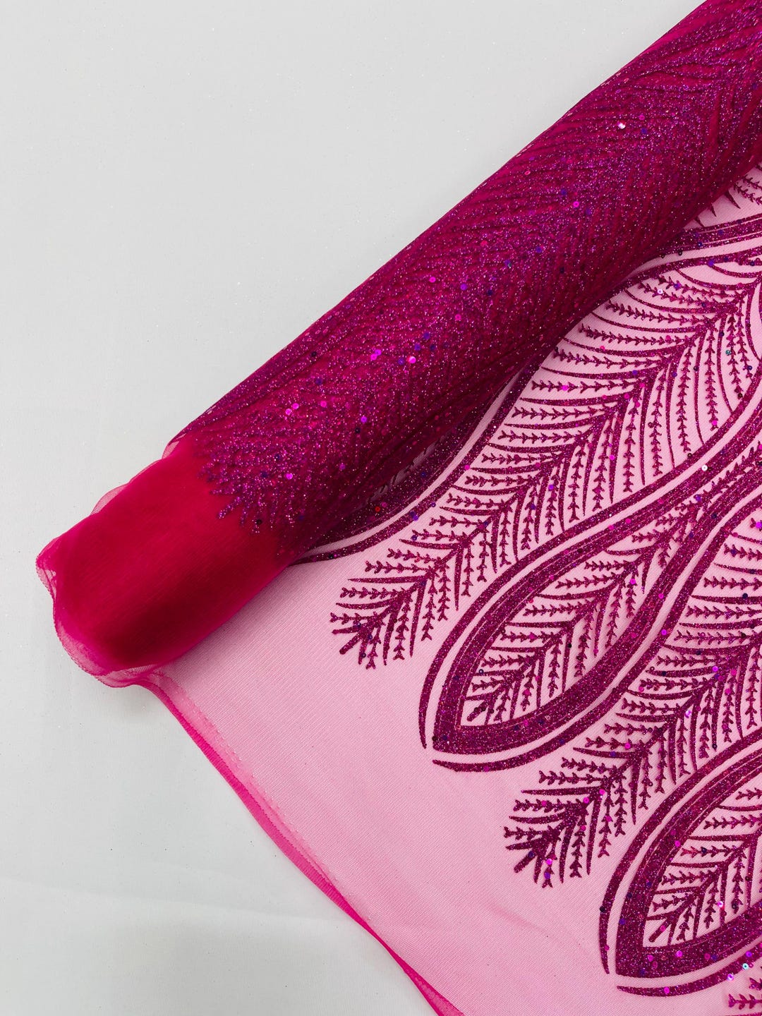 Fuchsia Glitter Feather Damask Design on A Mesh Lace Fabric/prom. - Etsy
