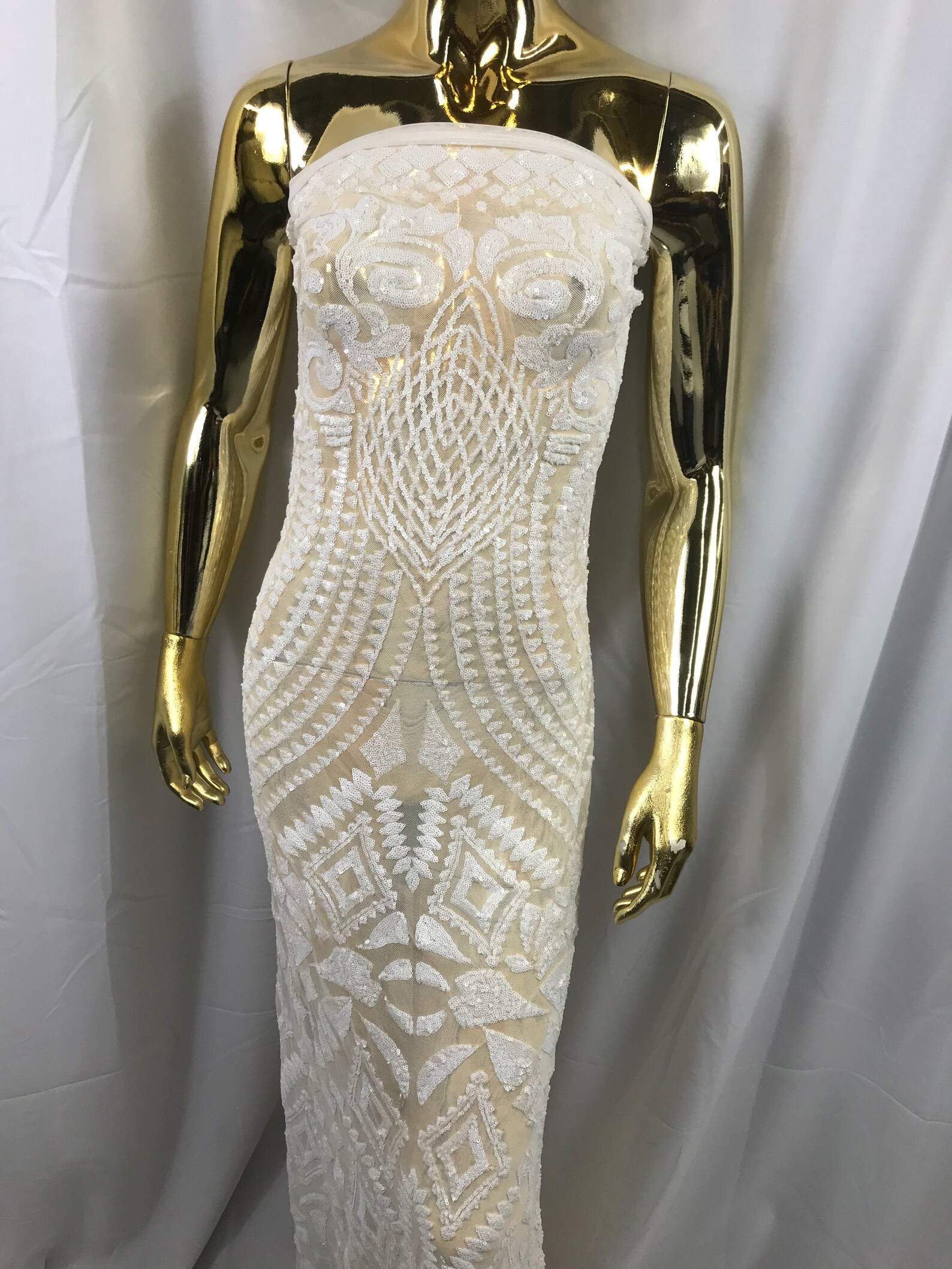 White Geometric Diamond Design Embroidery With Sequins on a 4 Way ...