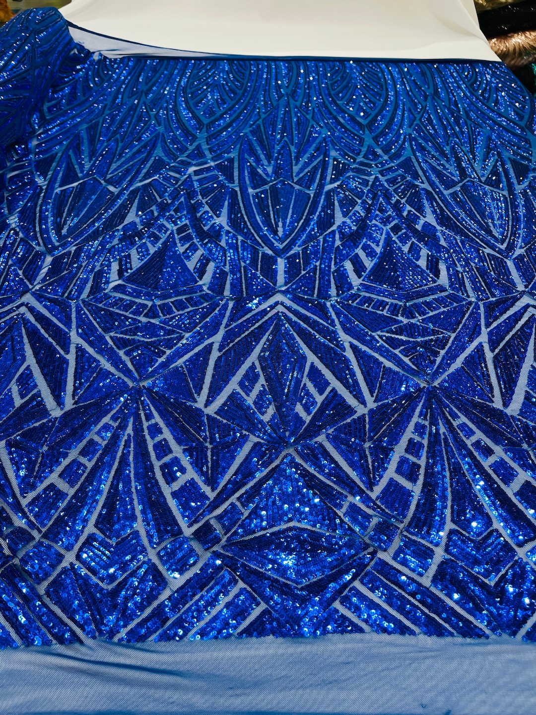 Royal Blue Geometric Shiny Sequin Design on a 4 Way Stretch Mesh-sold ...