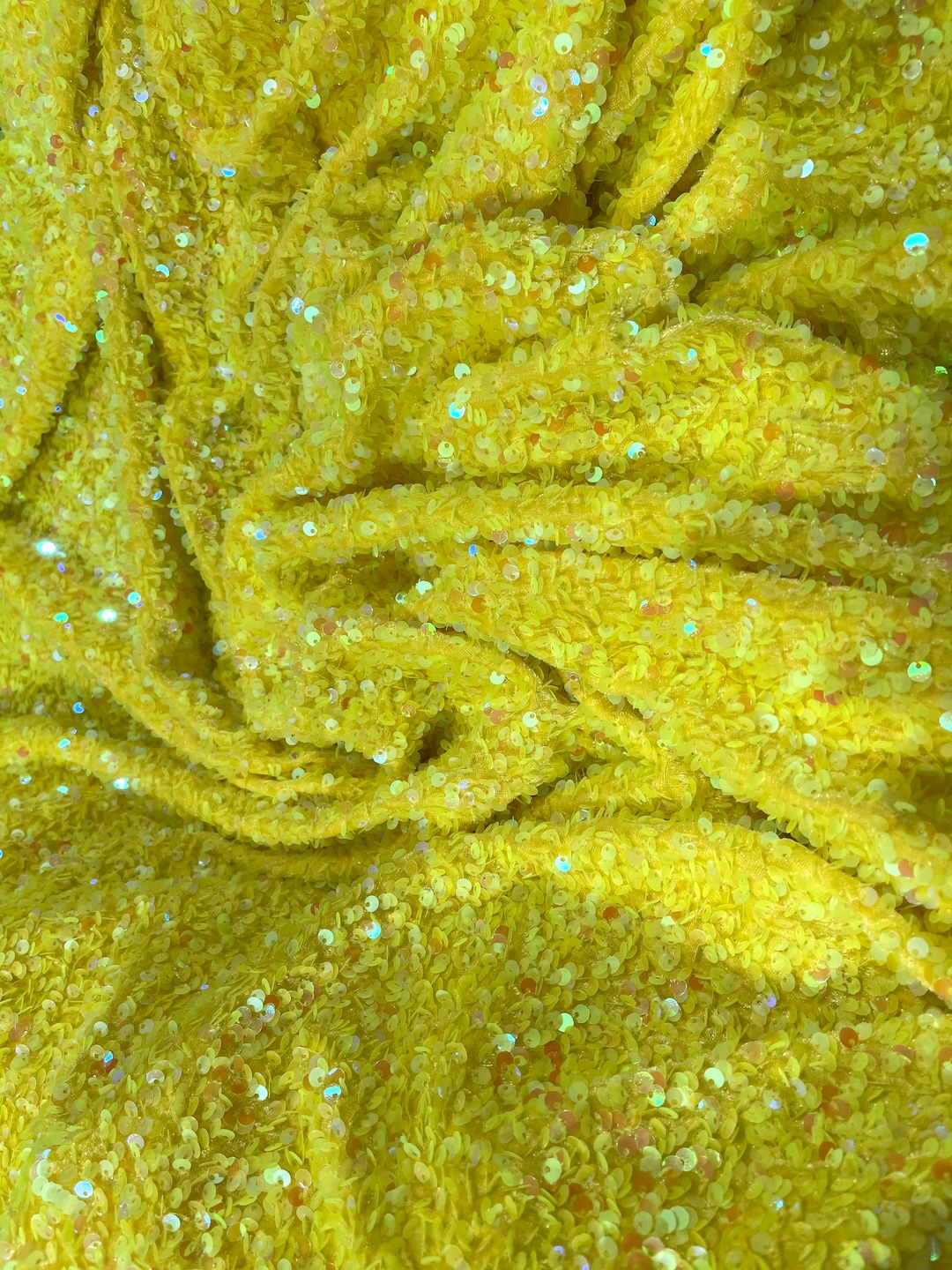 Neon Yellow Iridescent Sequins All Over a Yellow Stretch Velvet , Sold ...