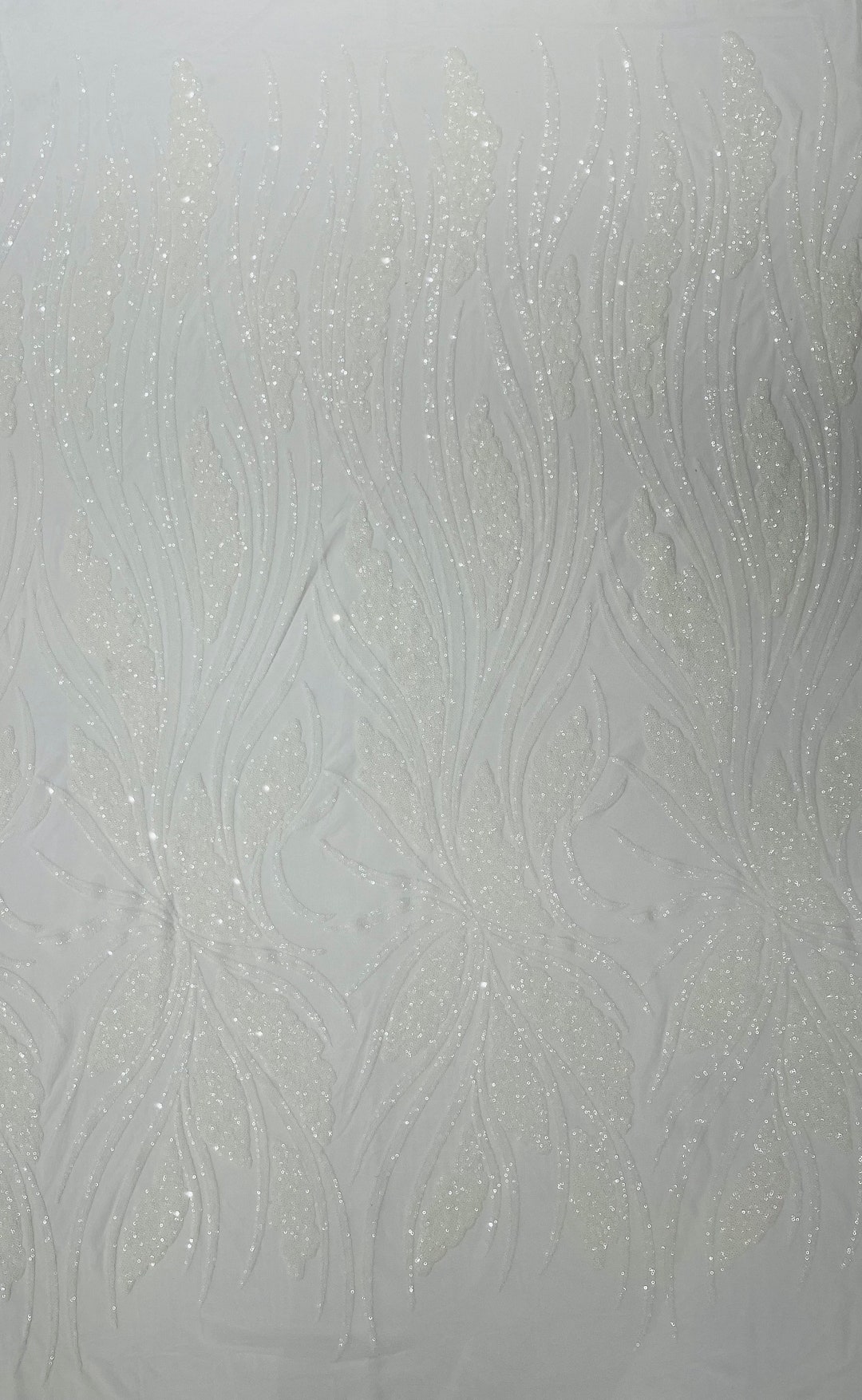 White Feather Damask Shiny Sequin Design on a 4 Way Stretch Mesh Fabric ...