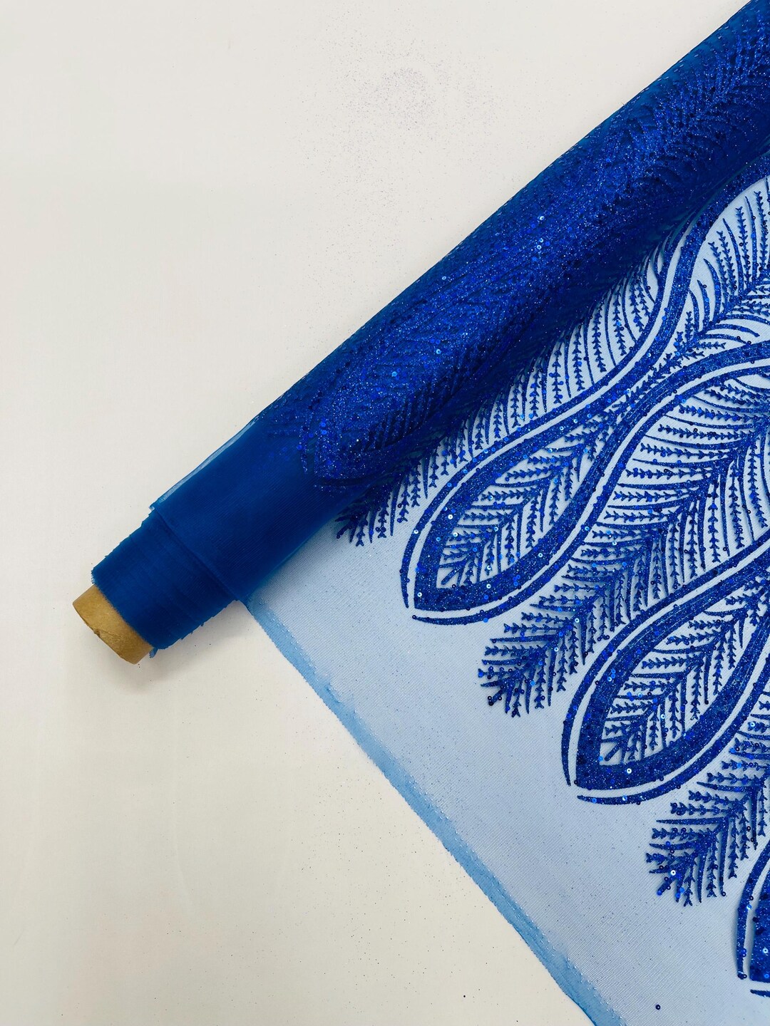 Royal Blue Glitter Feather Damask Design on A Mesh Lace Fabric/prom. - Etsy