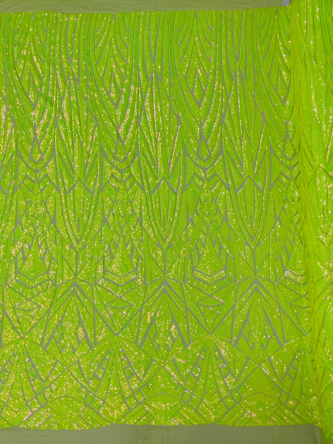 Neon Green Iridescent Geometric Shiny Sequin Design on a 4 Way Stretch ...