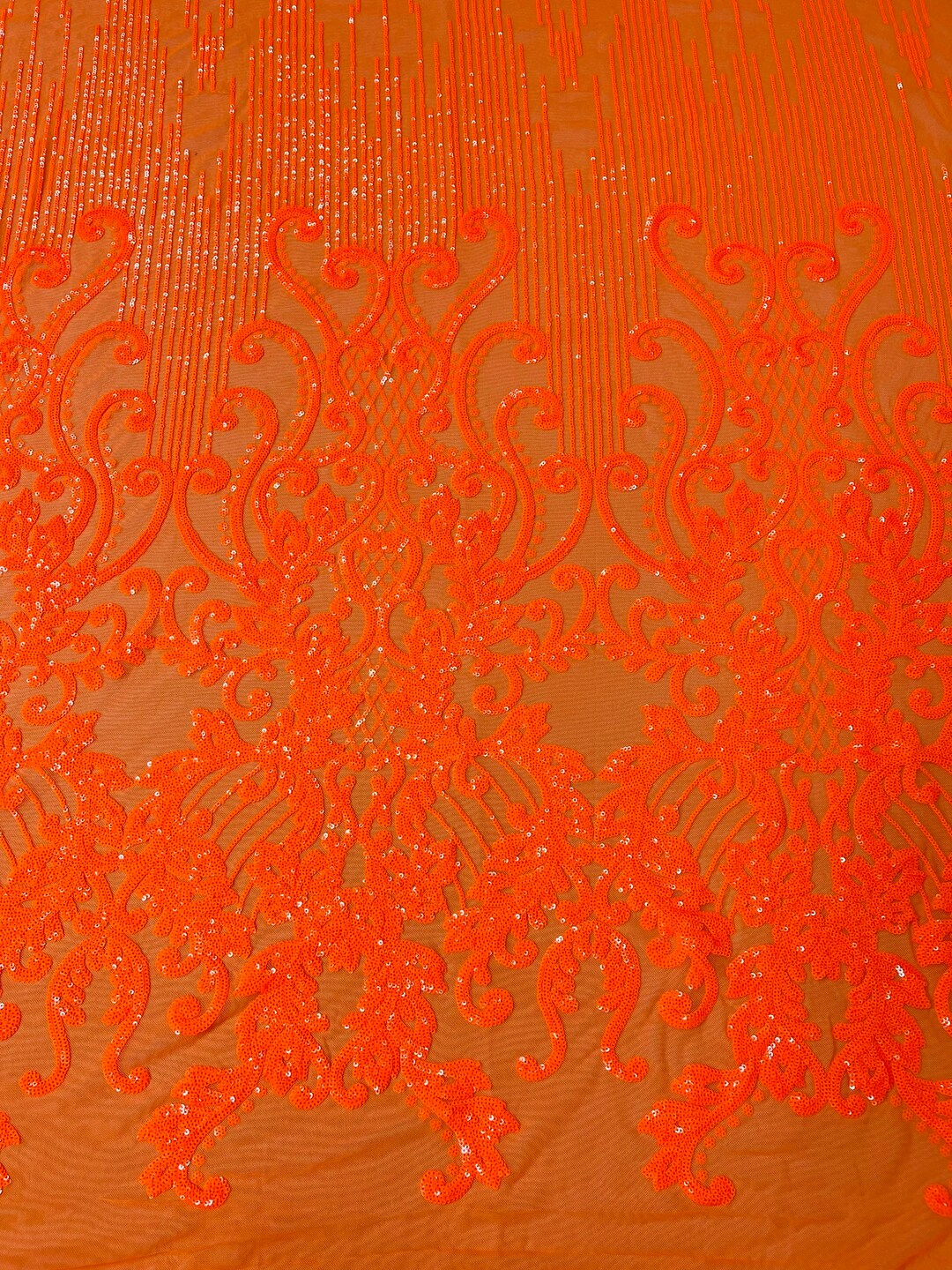 Neon Orange Damask Design on a 4 Way Stretch Mesh-prom-sold by the Yard ...