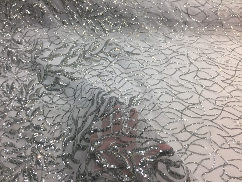 Dazzling White Silver Fashion Tree Embroider With Sequins on a Mesh ...