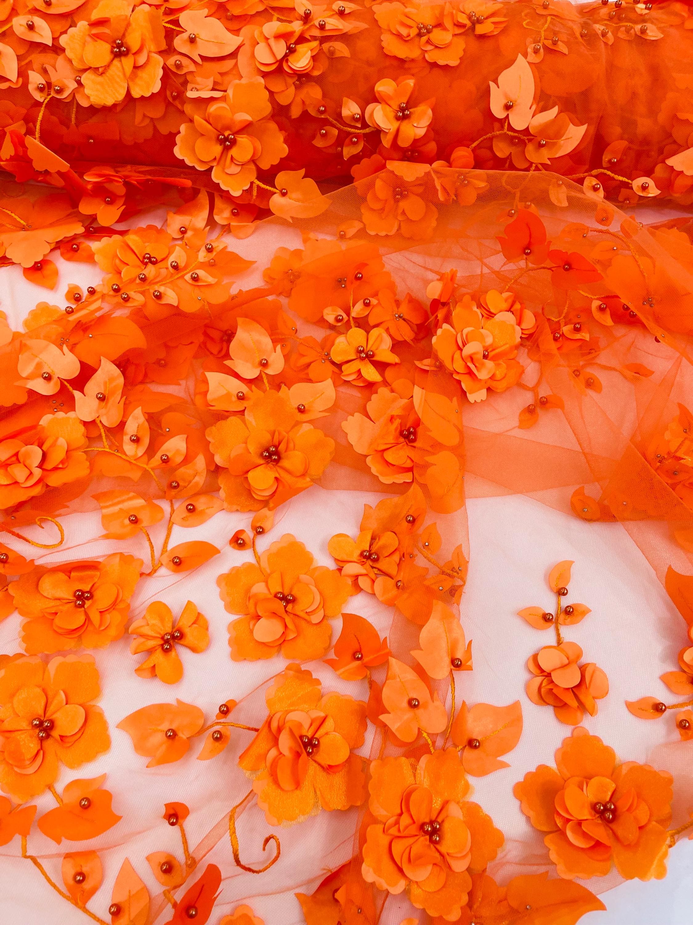 Orange Orquidia 3d Floral Design Embroider With Pearls in a Mesh Lace ...