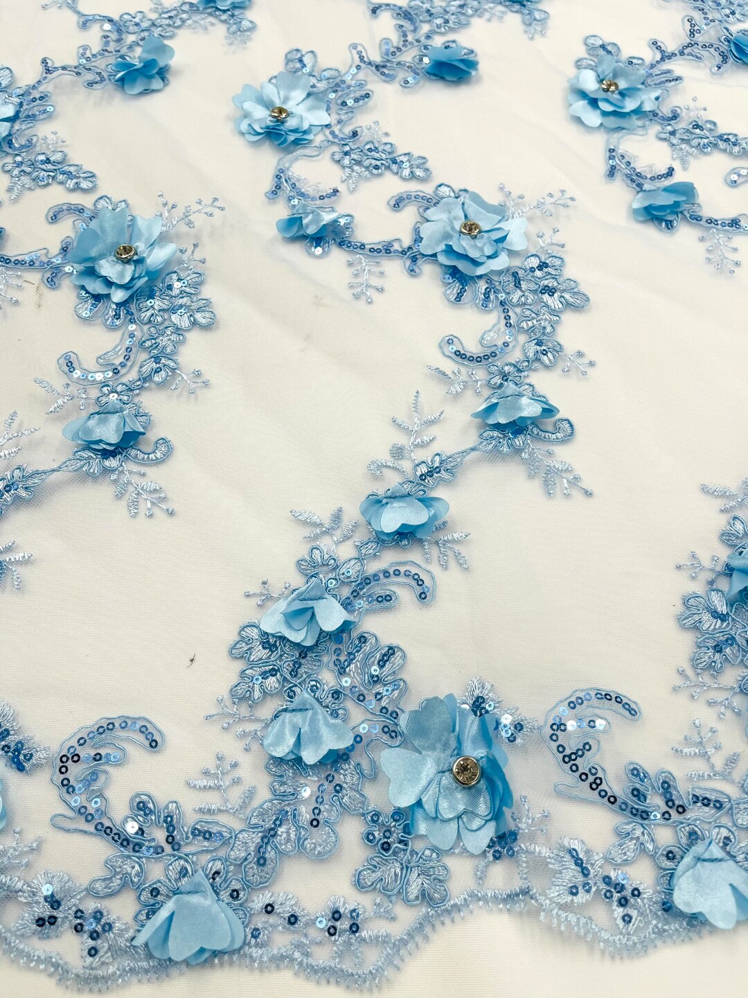 Light Blue 3d Floral Design Embroider and Beaded With Rhinestones on a ...