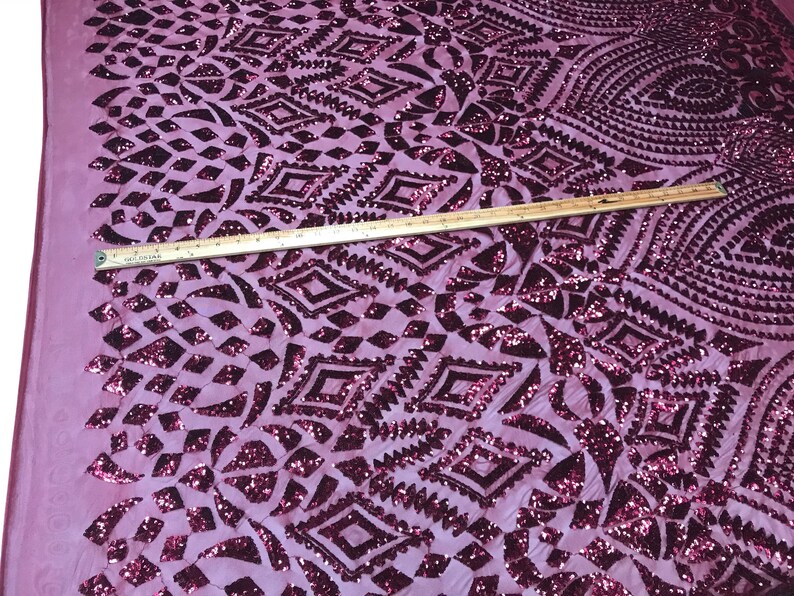 Burgundy Geometric Diamond Design Embroidery With Sequins on a 4 Way ...