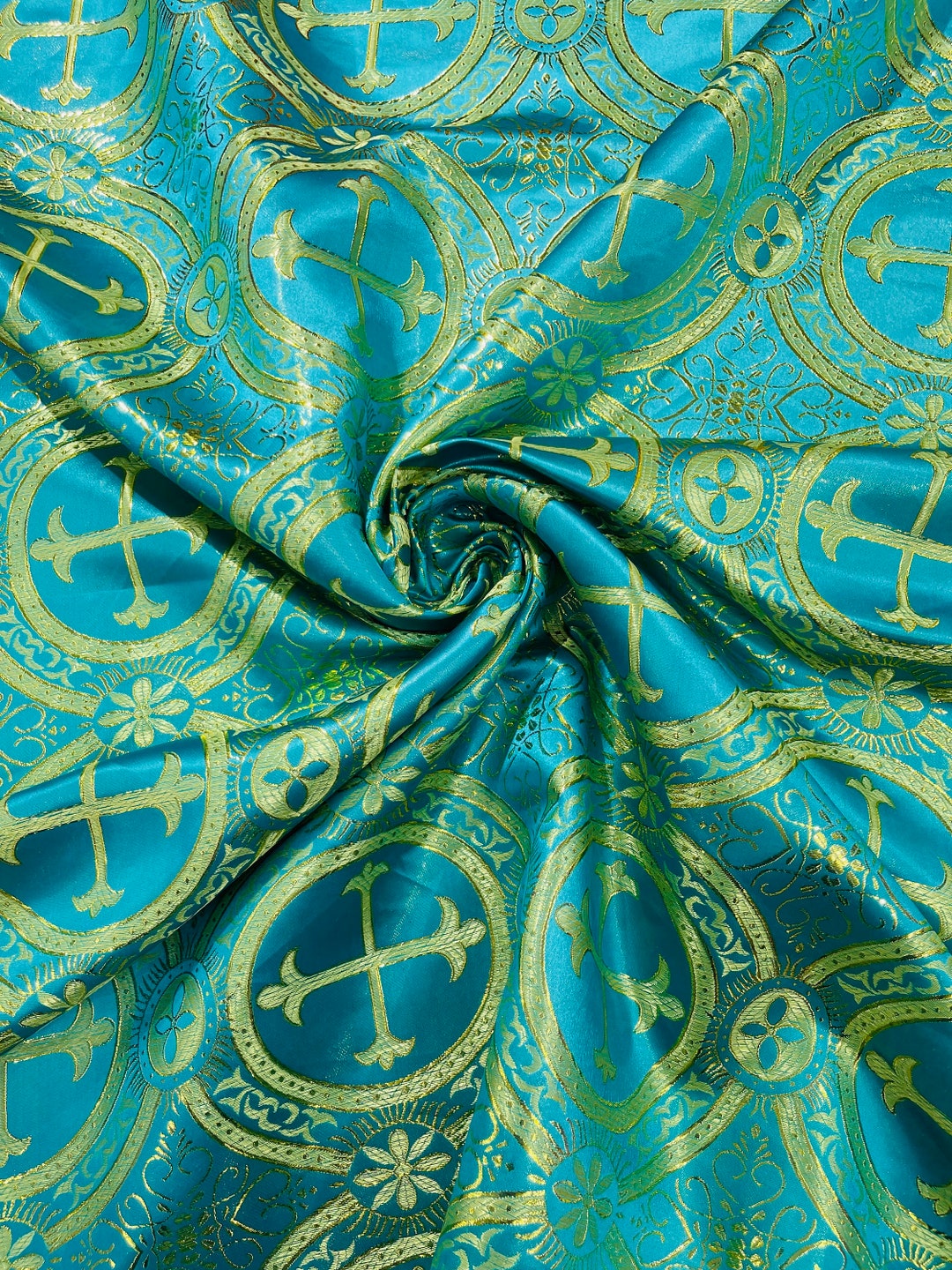 Turquoise/gold Metallic Cross Brocade Jacquard Satin/religious Brocade ...