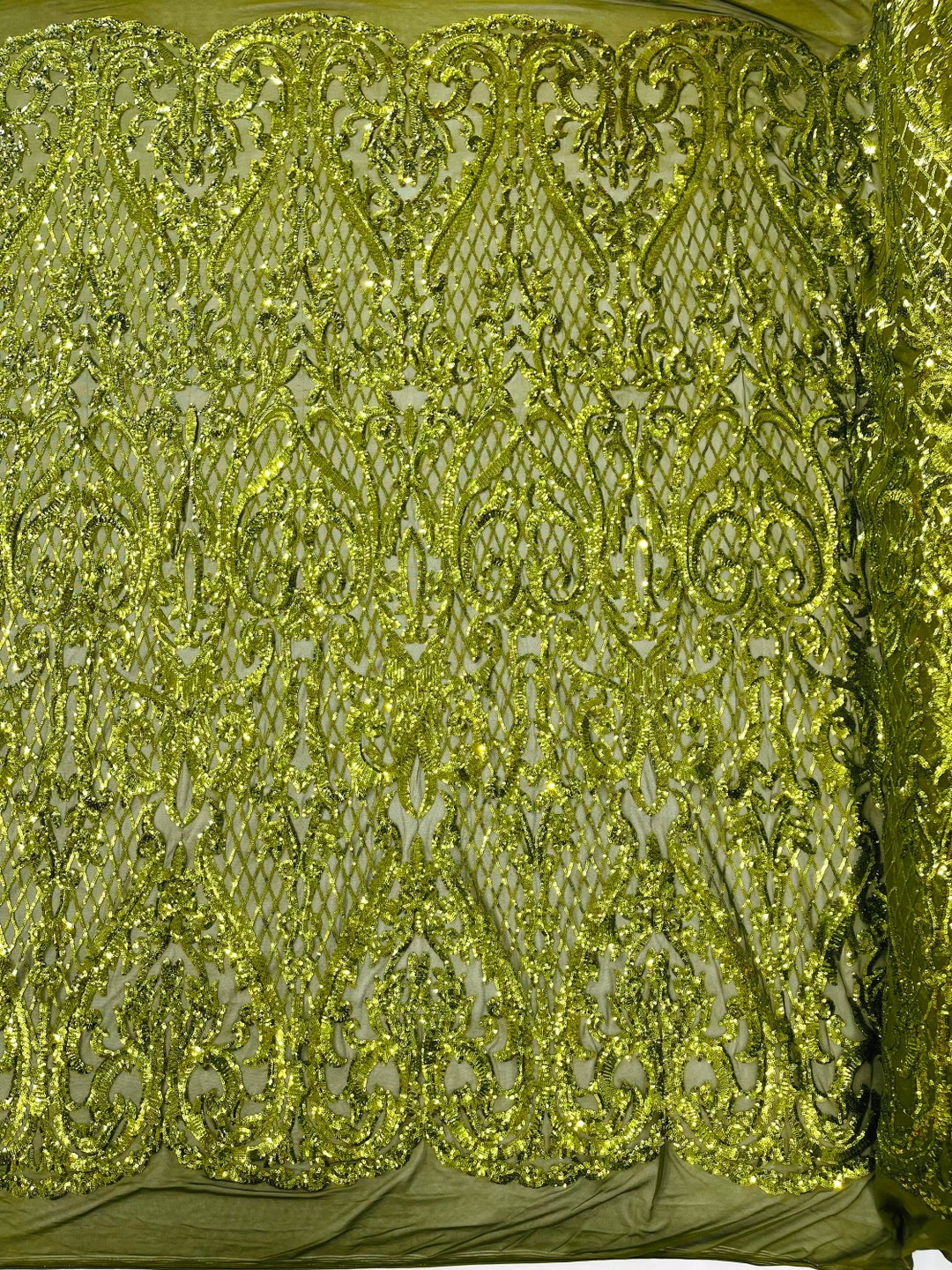 Olive Green Shiny Heart Damask Sequin Design on a 4 Way Stretch Mesh ...