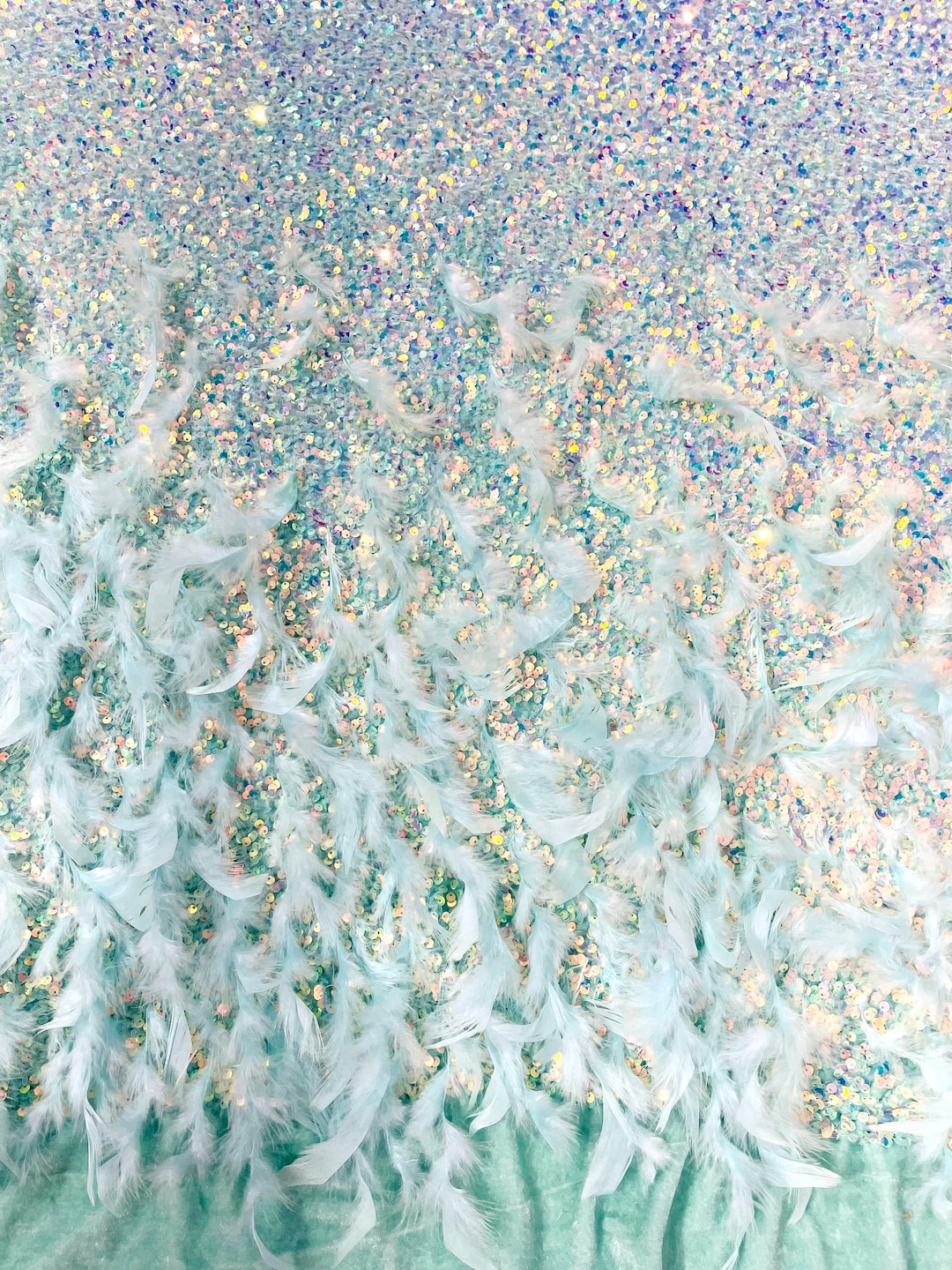 Mint Green Iridescent 5mm Sequins on a Stretch Velvet With Feathers 2 ...