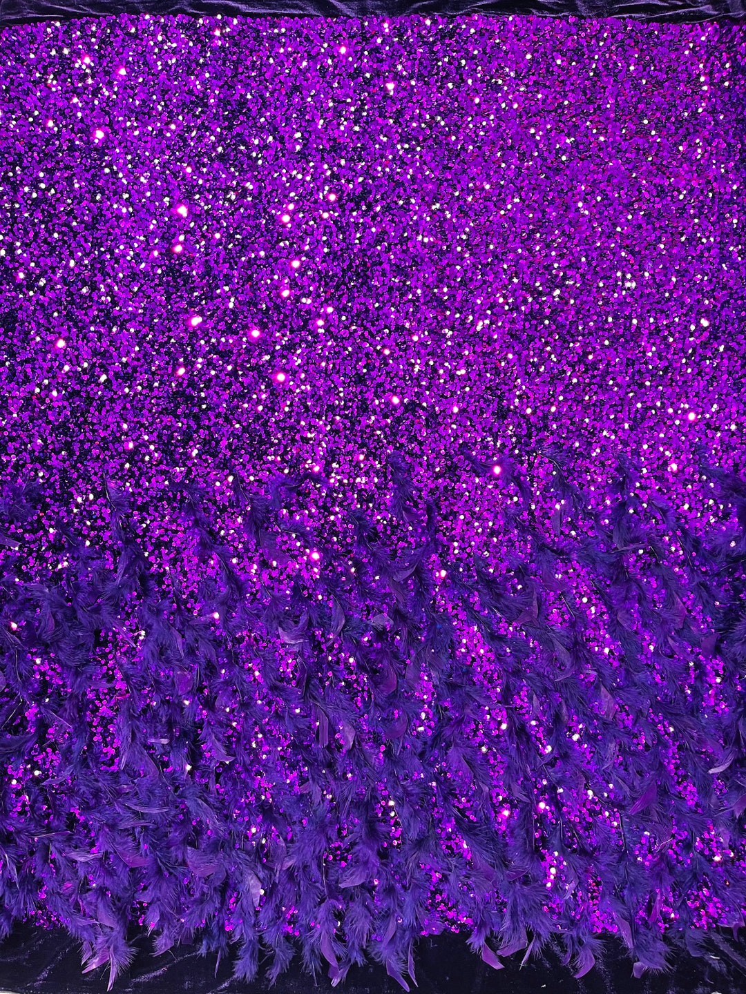 Purple 5mm Sequins on a Stretch Velvet With Feathers 2-way Stretch ...