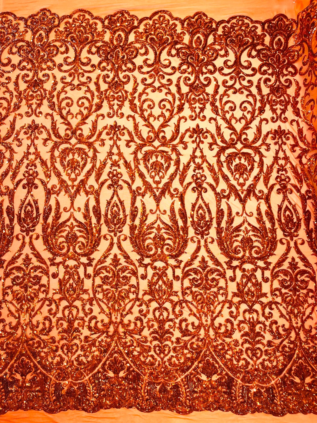 Burnt Orange Holographic King Damask Sequin Design on a 4 Way Stretch ...