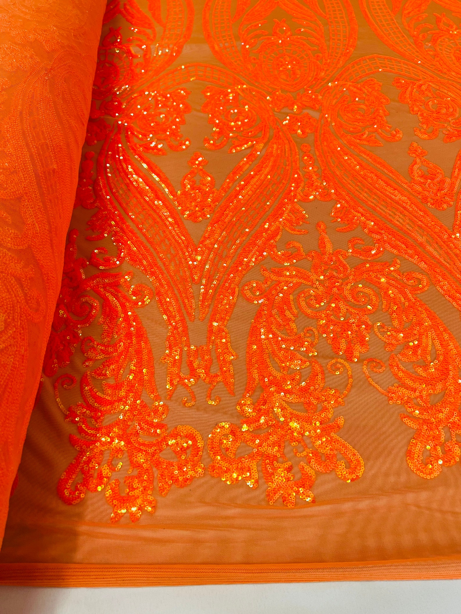 Orange Iridescent Empire Damask Design With Sequins Embroider on a ...