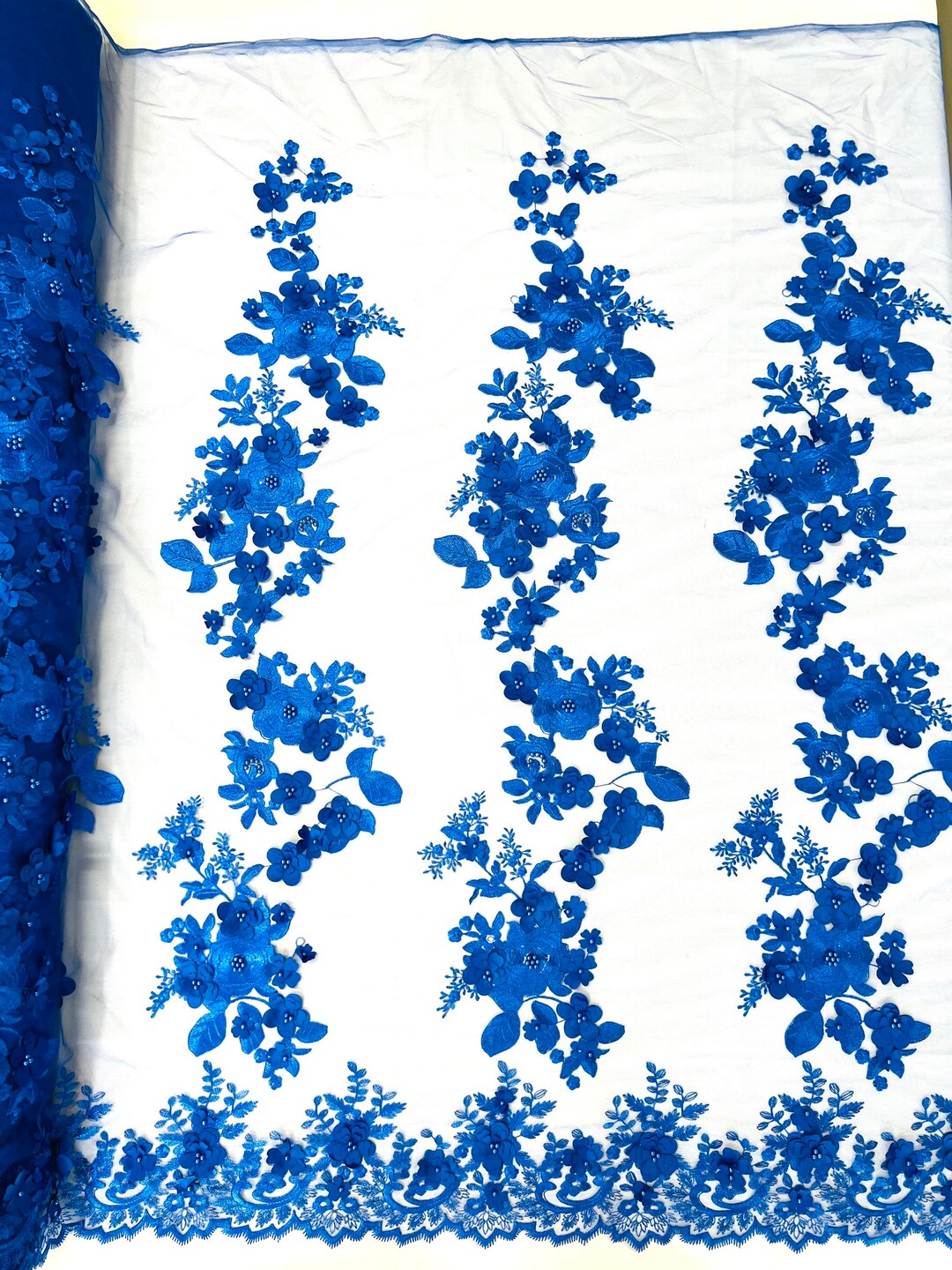 Royal Blue Diana 3d Floral Design Embroider With Pearls in a Mesh Lace ...