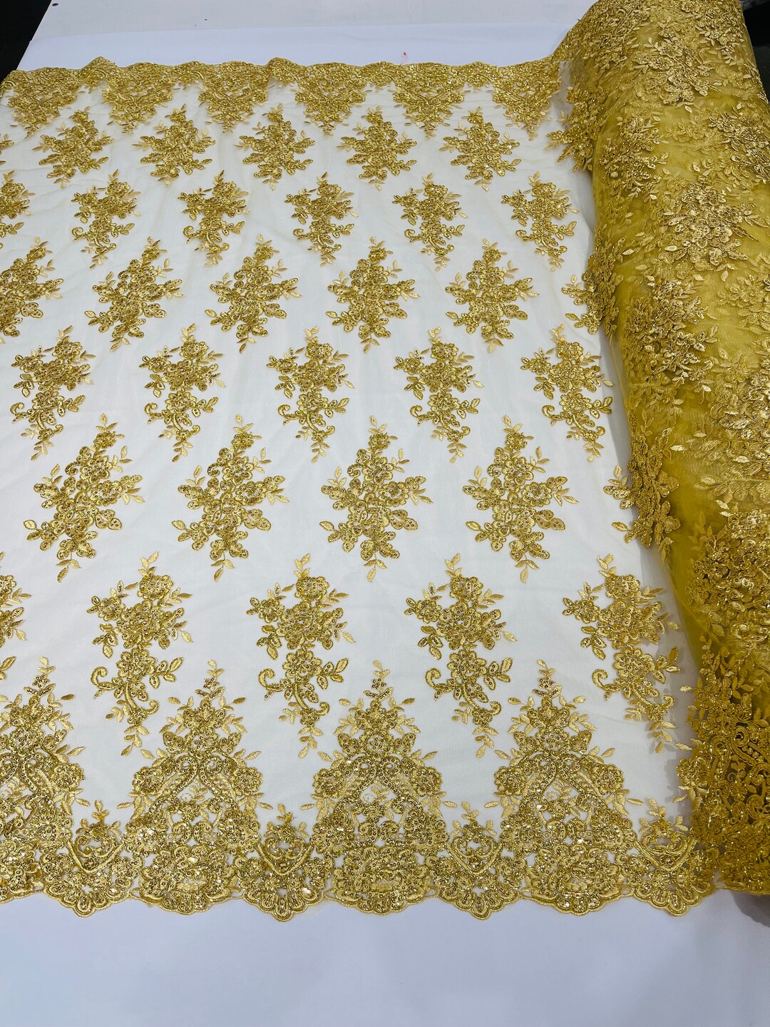 Gold Metallic Floral Design Embroidery on a Mesh Lace With Sequins and ...