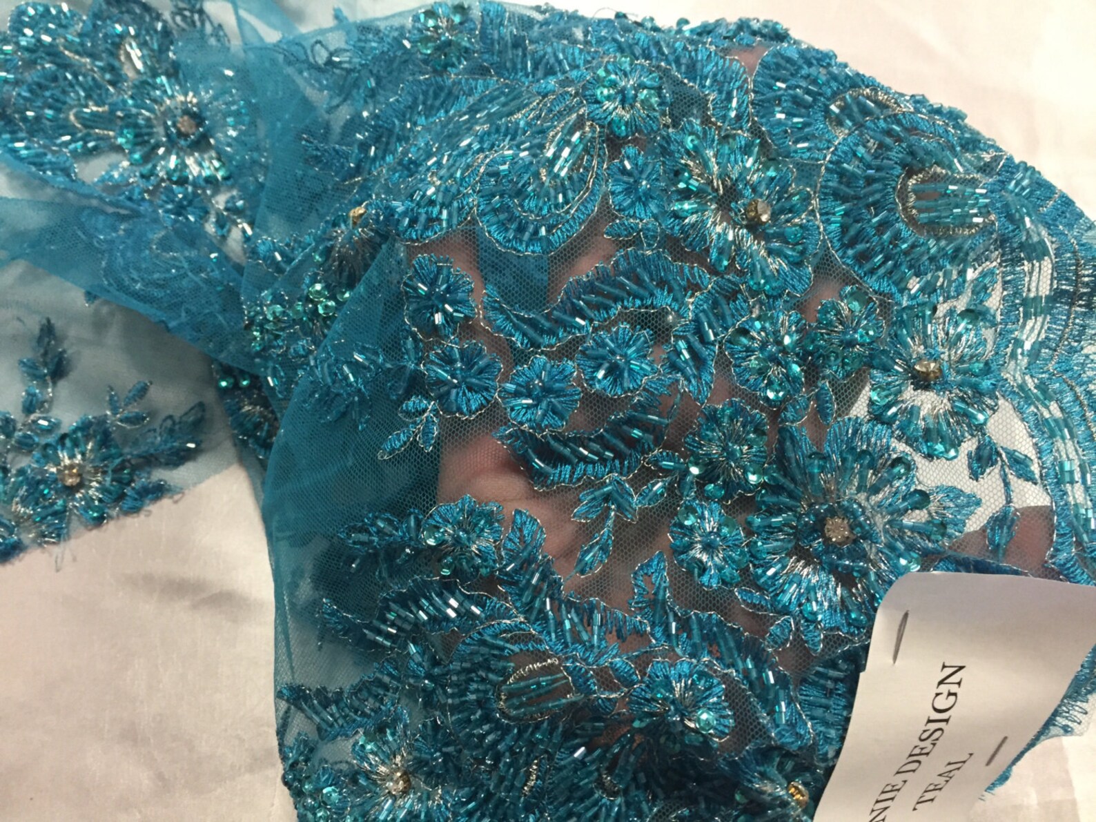 Teal Flowers Embroider and Heavy Beaded on a Mesh Lace | Etsy