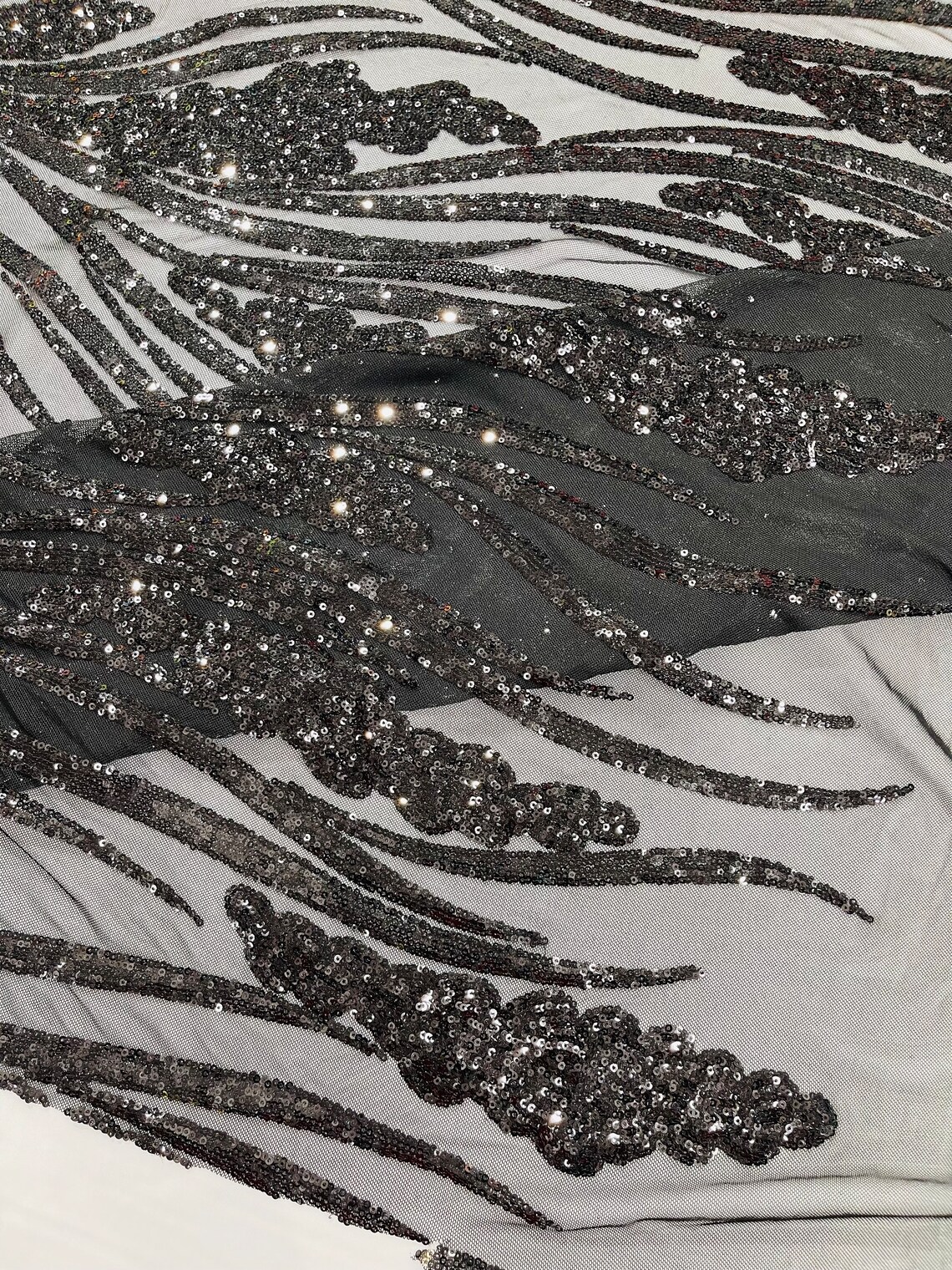 Black Feather Damask Shiny Sequin Design on a 4 Way Stretch Mesh Fabric ...