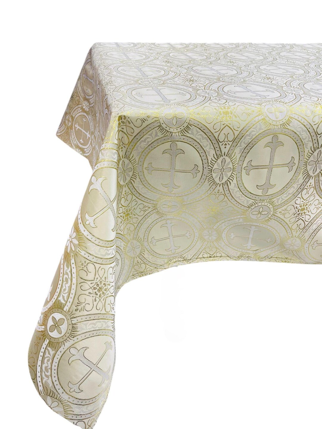 Beige Gold Cross Brocade Tablecloth – Religious Jacquard Satin Overlay ...