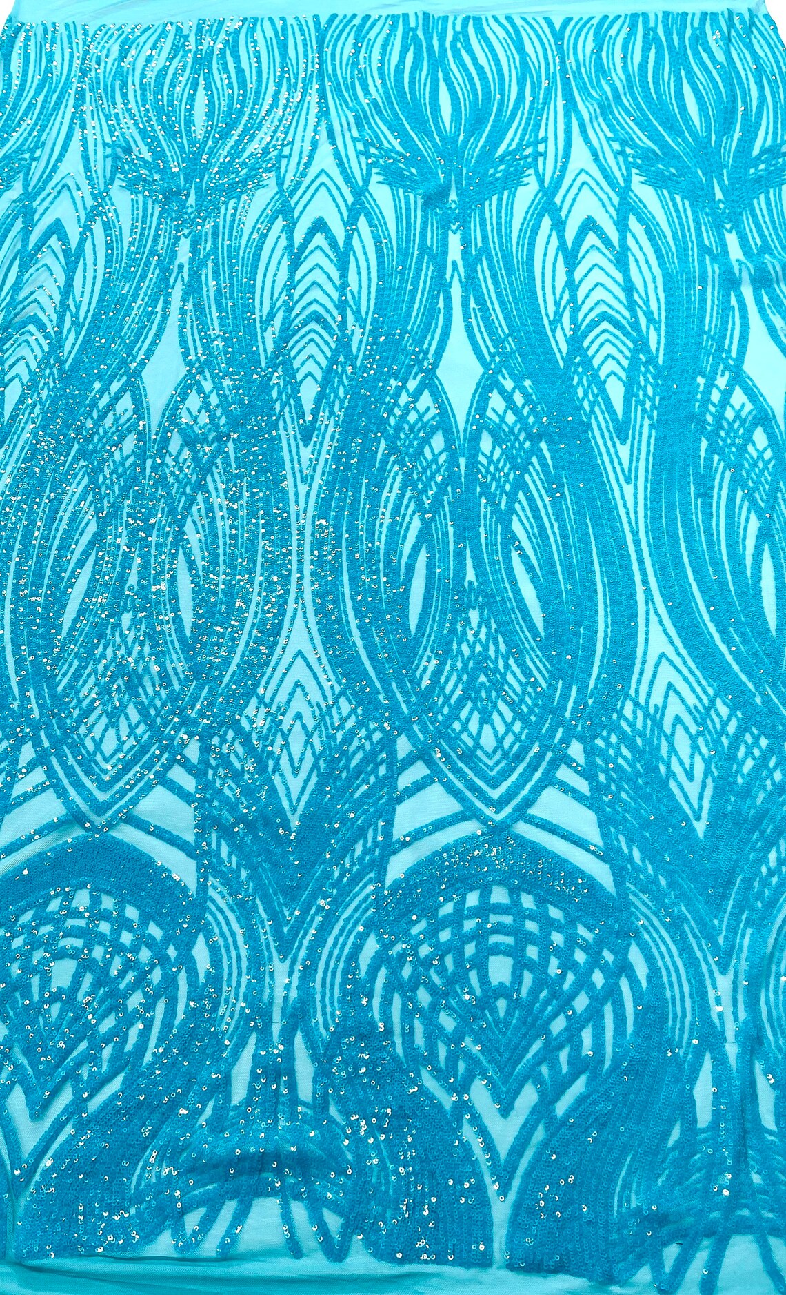 Turquoise Feather Damask Glossy Sequin Design on a 4 Way Stretch Mesh ...