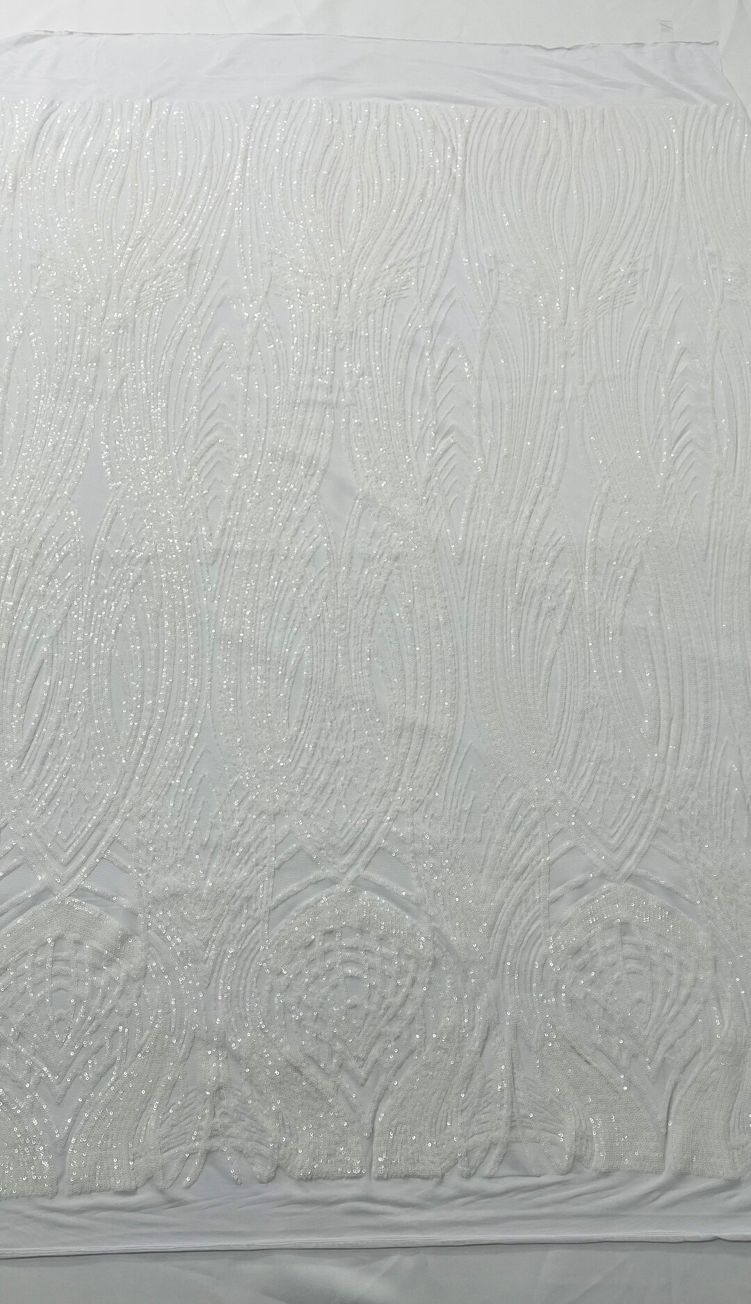 White Feather Damask Shiny Sequin Design on a 4 Way Stretch Mesh Fabric ...
